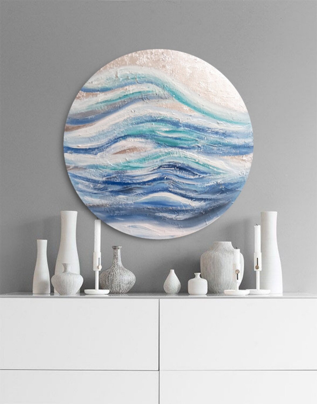 Круглая абстрактная картина волны маслом. Нежная текстурная картина ручной работы.
