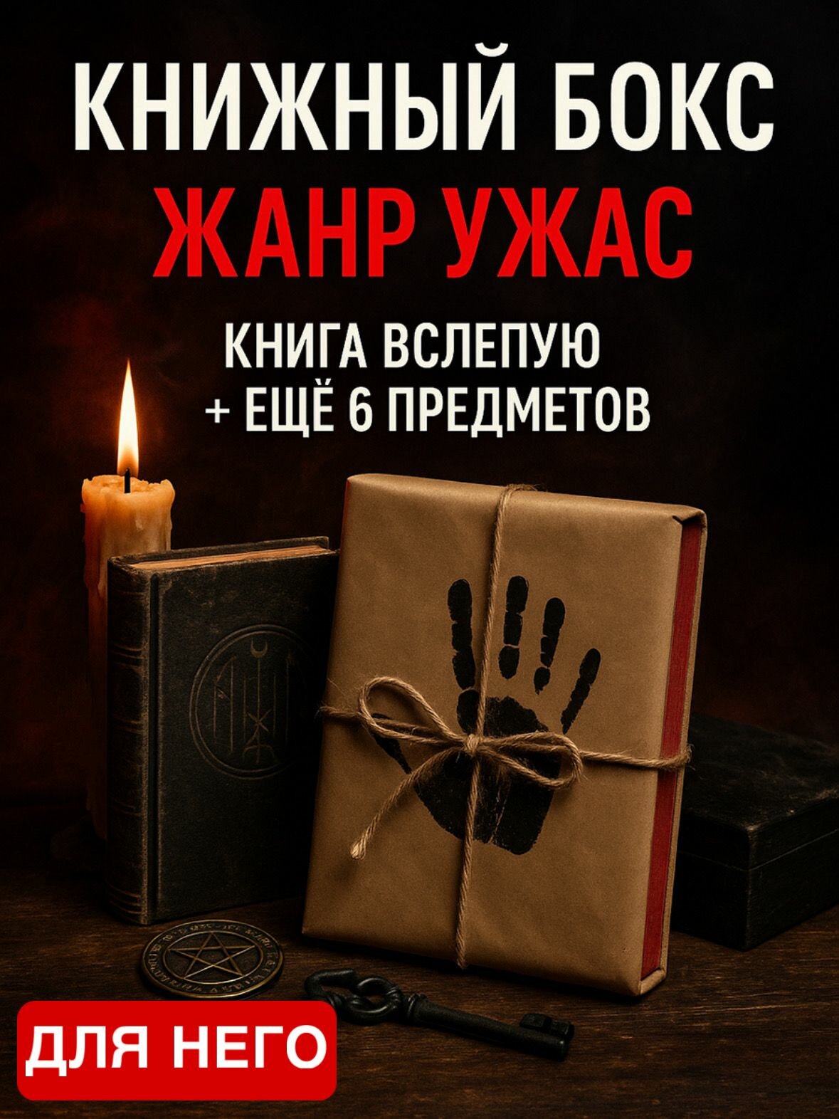 Мужской книжный бокс с подарками и книгой вслепую Ужасы и Мистика (7 предметов)