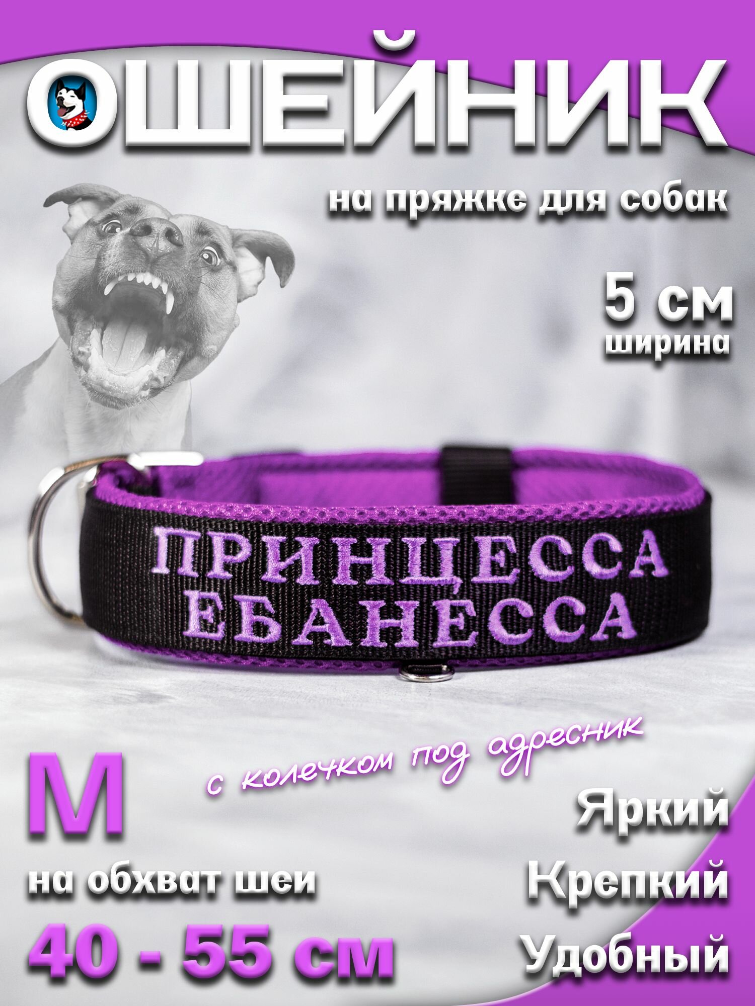 Ошейник для собак Buddy Team на пряжке с вышивкой принцесса-несса с мягким подкладом для средних и крупных пород, 5 см, размер M