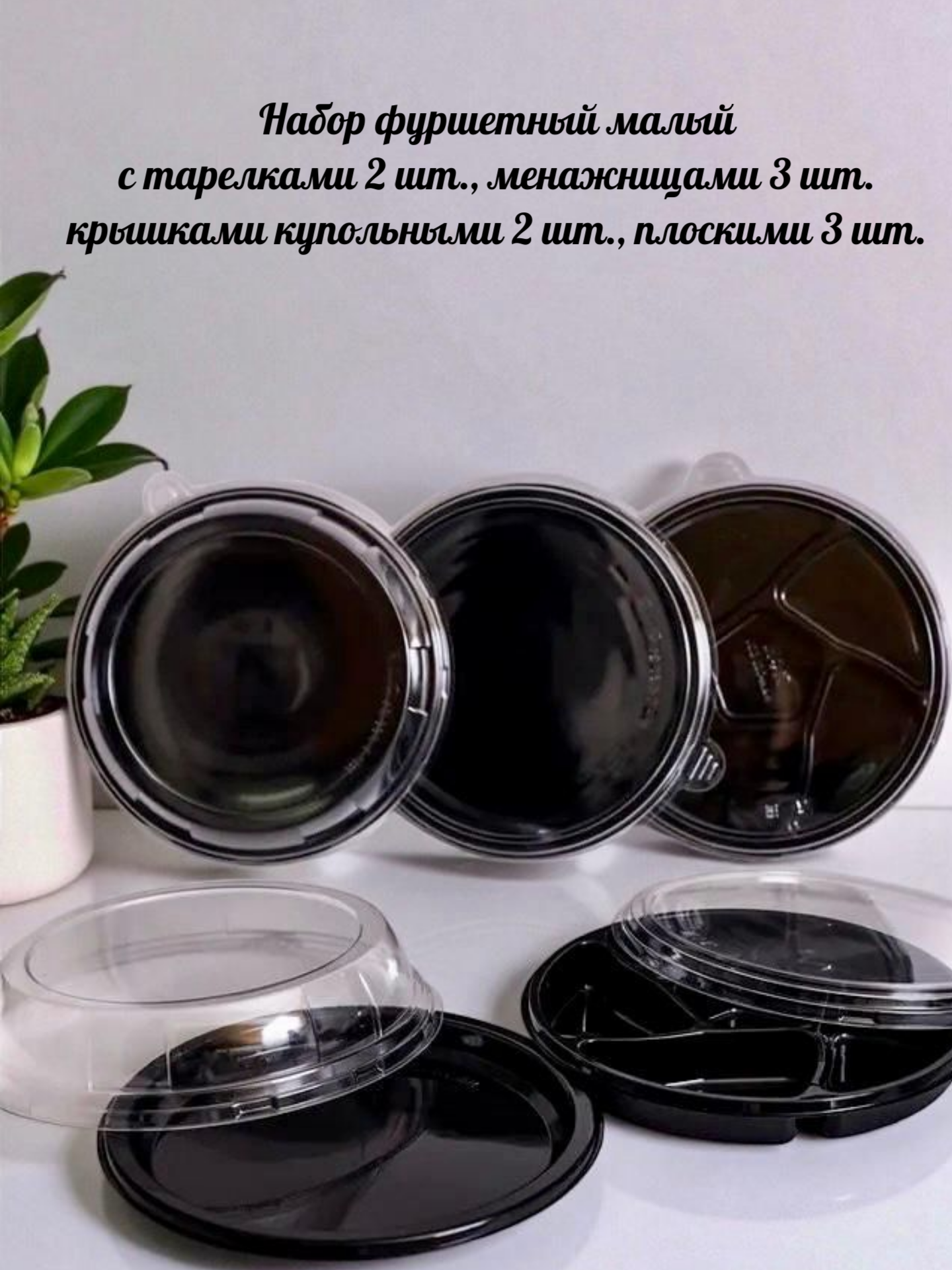 "Набор фуршетный малый № 6" Тарелки, менажницы, крышки прозрачные плоские и купольные (для закусок, сервировки, фуршета, кейтеринга, банкета)