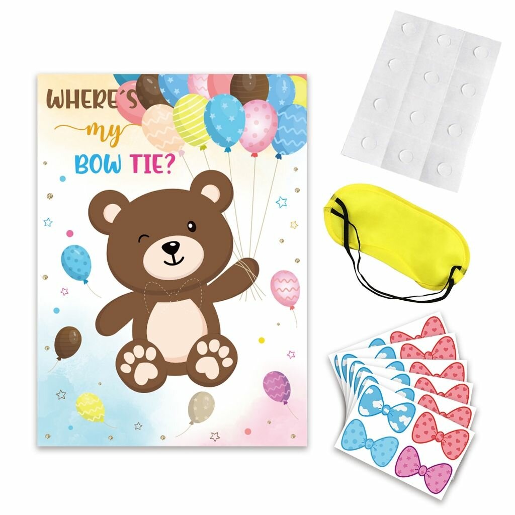 Забавная игра для детского душа, Плакат с изображением медведя, Детский День рождения, 24 наклейки с бантом