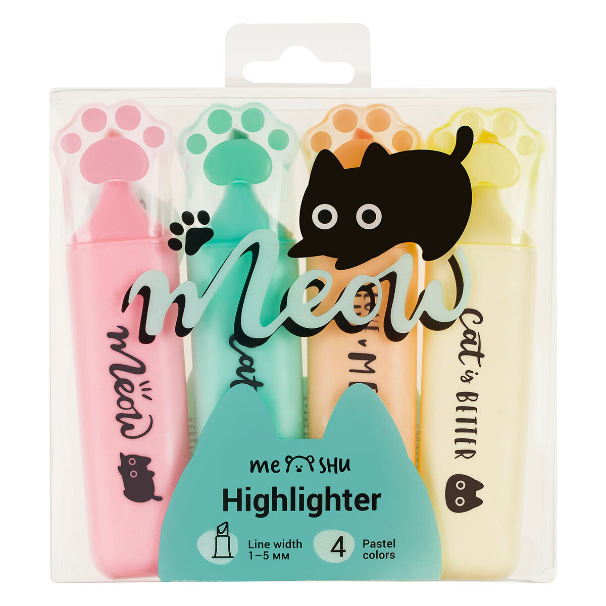 Набор текстовыделителей MESHU "Live, Life, Meow", 04цв, пастельные цвета, 1-5 мм, ПВХ бокс с европодвесом