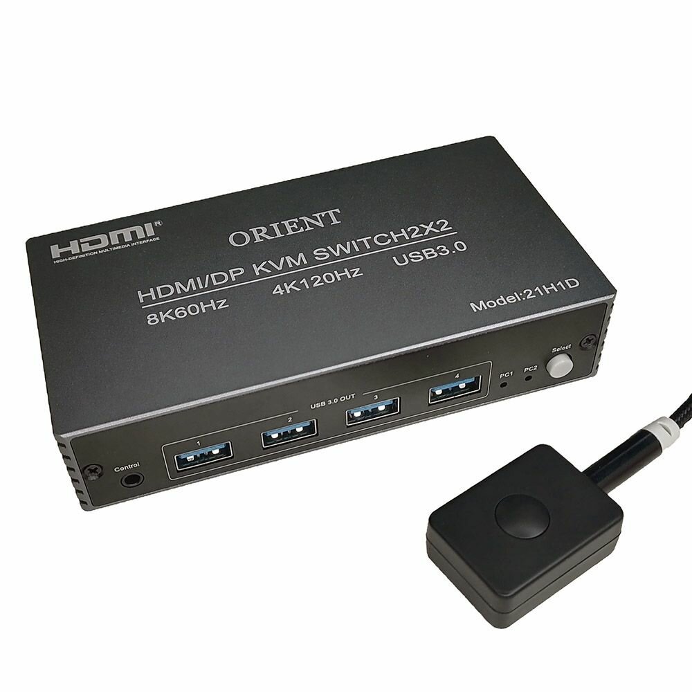 HDMI/DP KVM-переключатель 2x2, HDMI/DP 8K/60Hz, 4K/120Hz, 4xUSB3.0 (ORIENT HS21H1D 8K)