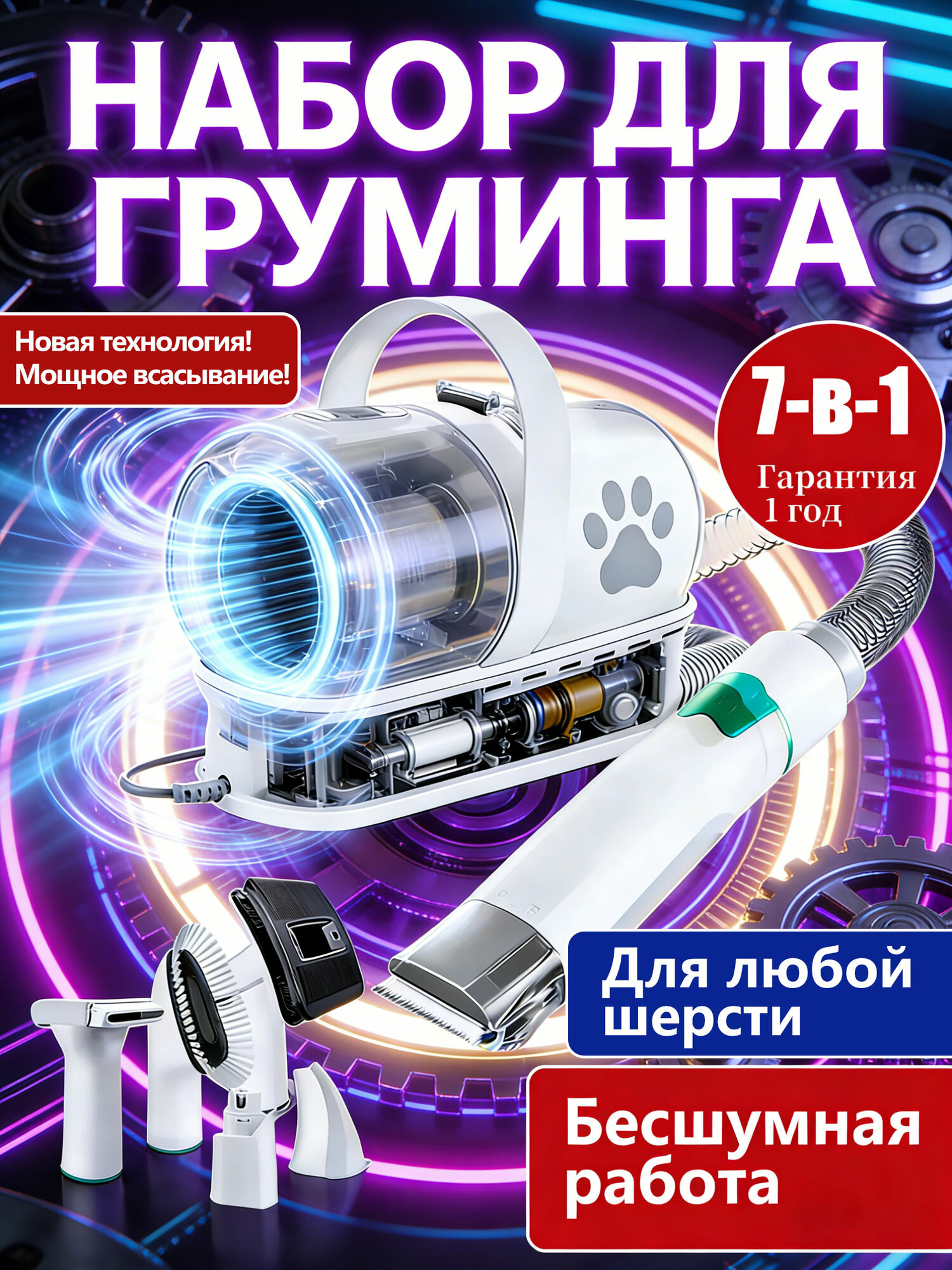 Машинка для стрижки собак с насадками, набор для груминга с пылесосом