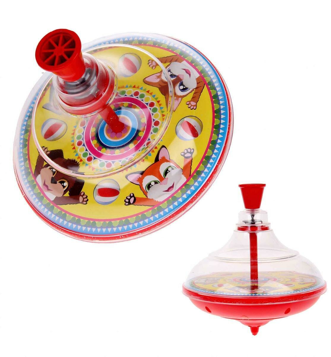 Юла детская прозрачная "Весёлые зверята" с механическим заводом, d14,5 см, h16 см, красная, пластик