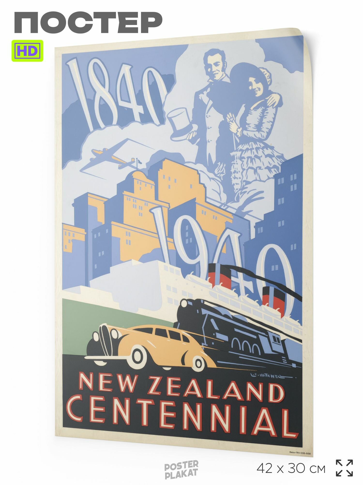 Постер ретро винтажный выставка к столетию Новой Зеландии 1840-1940, тематика путешествия, на стену для интерьера, А3, Постер Плакат