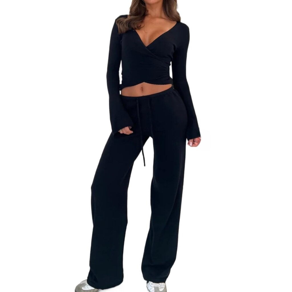 Повседневный костюм-двойка, облегающий костюм для пилатеса, расклешенные брюки, костюм для йоги и фитнеса-черный-M