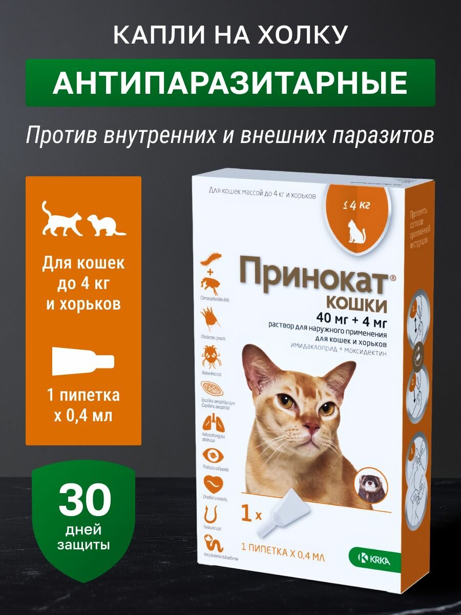 Принокат р-р д/наружного прим. д/кошек до 4кг 40+4мг пип. 0,4мл №1