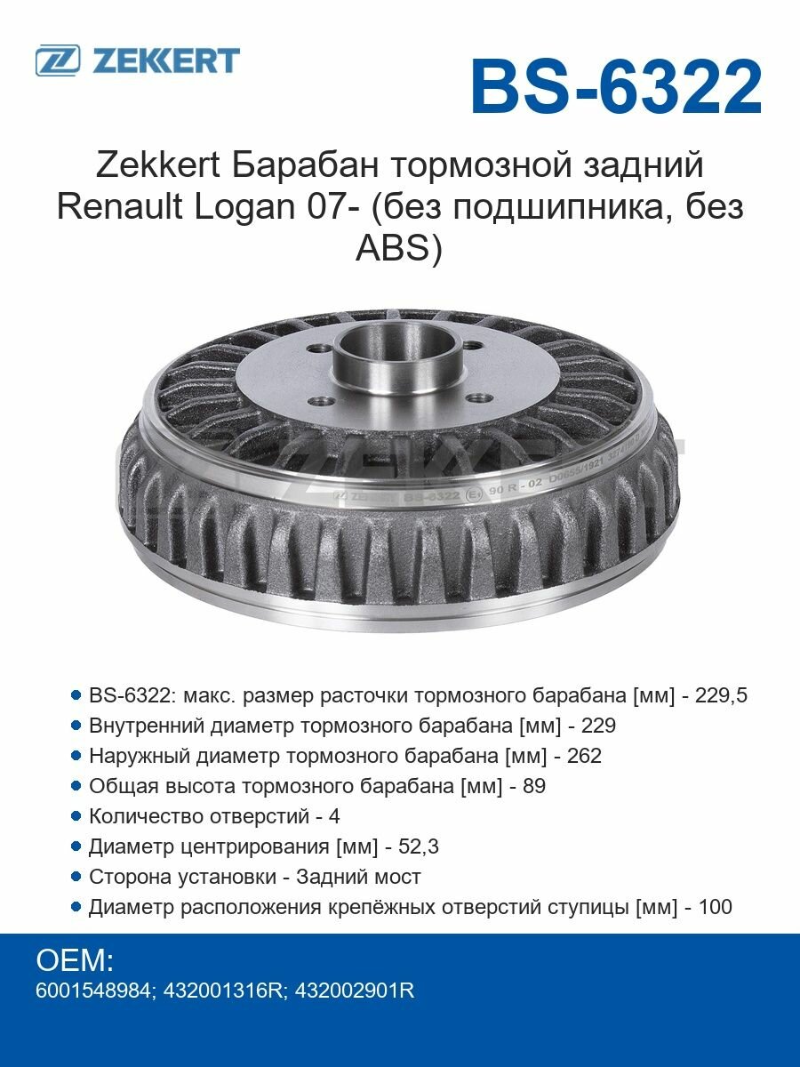 Zekkert Барабан тормозной задний Renault Logan 07- (без подшипника, без ABS)