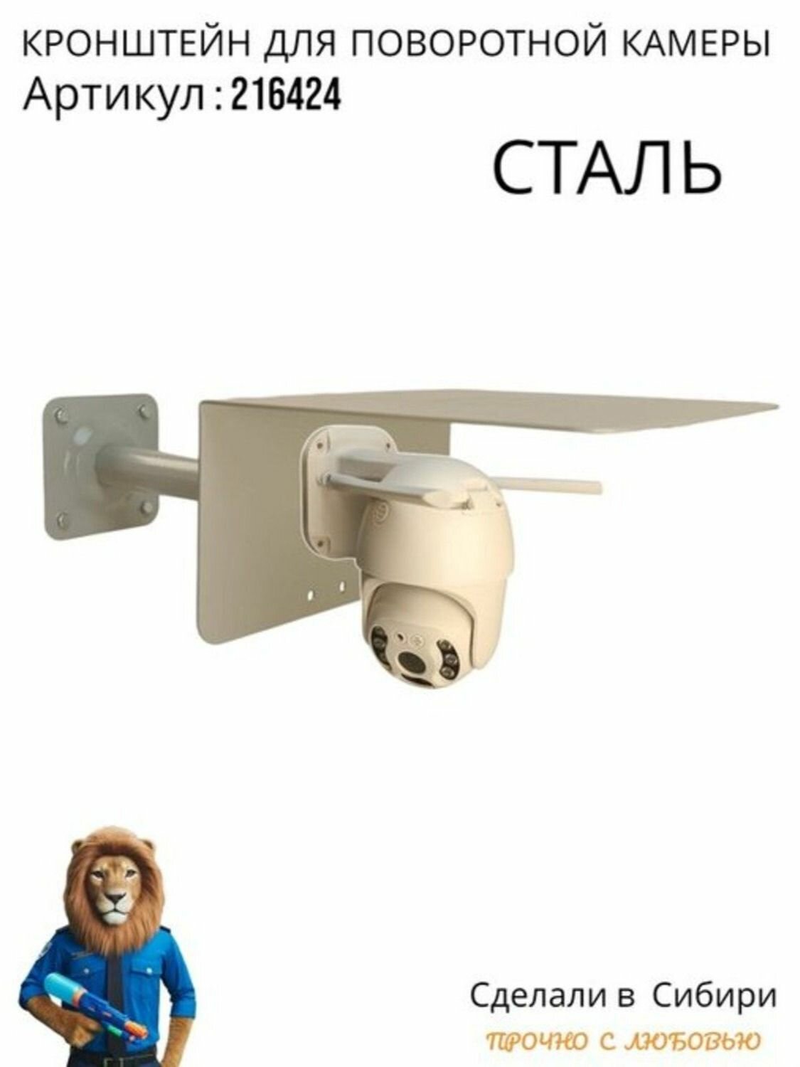 Кронштейн для поворотной камеры с вылетом 25см и большим козырьком серый, сталь