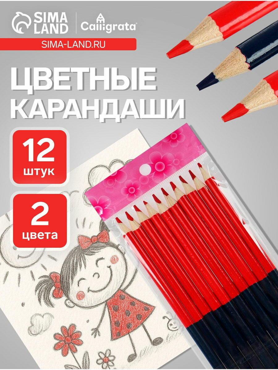 Карандаш цветной, двусторонний, красный/синий, особенности: двусторонний, 12 шт.