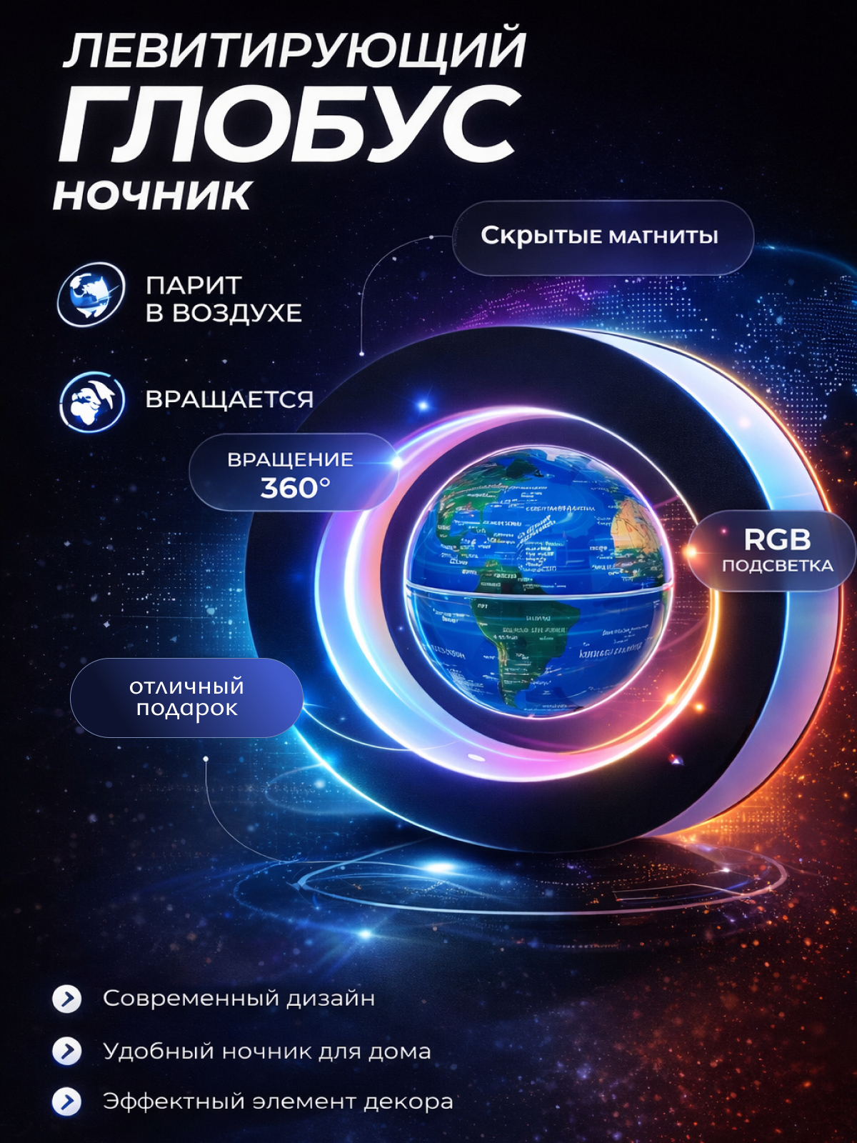 Глобус-ночник kosmo.store, левитирующая планета, LED-подсветка, 17,5 см