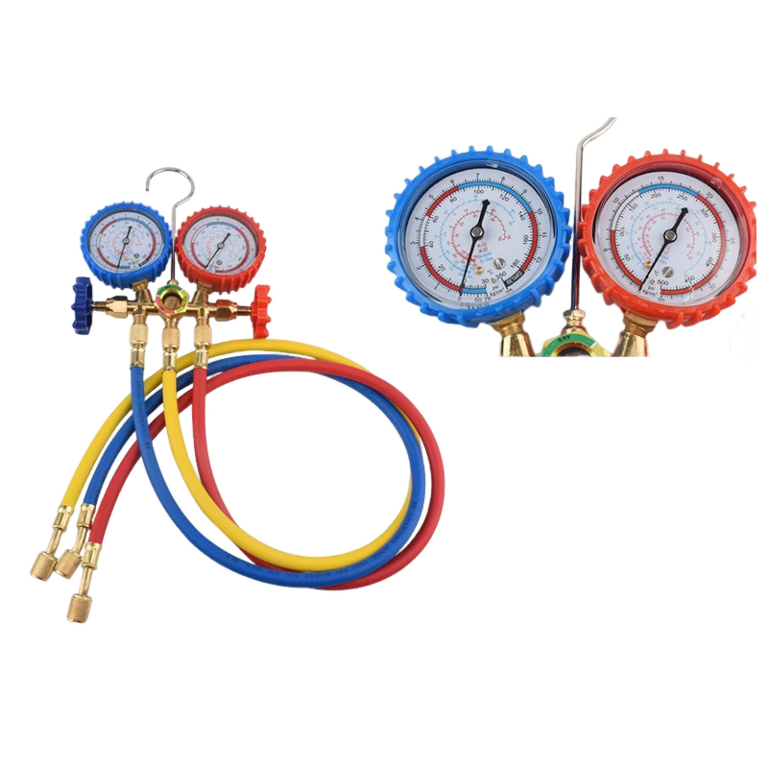 Манометрический Коллектор: Для R12 R22 R404A R134A с Широким Температурным Диапазоном - Прочные Шланги до 500 PSI Набор Манометрических Коллекторов с Крюком for Автомобильных и Бытовых Кондиционеров