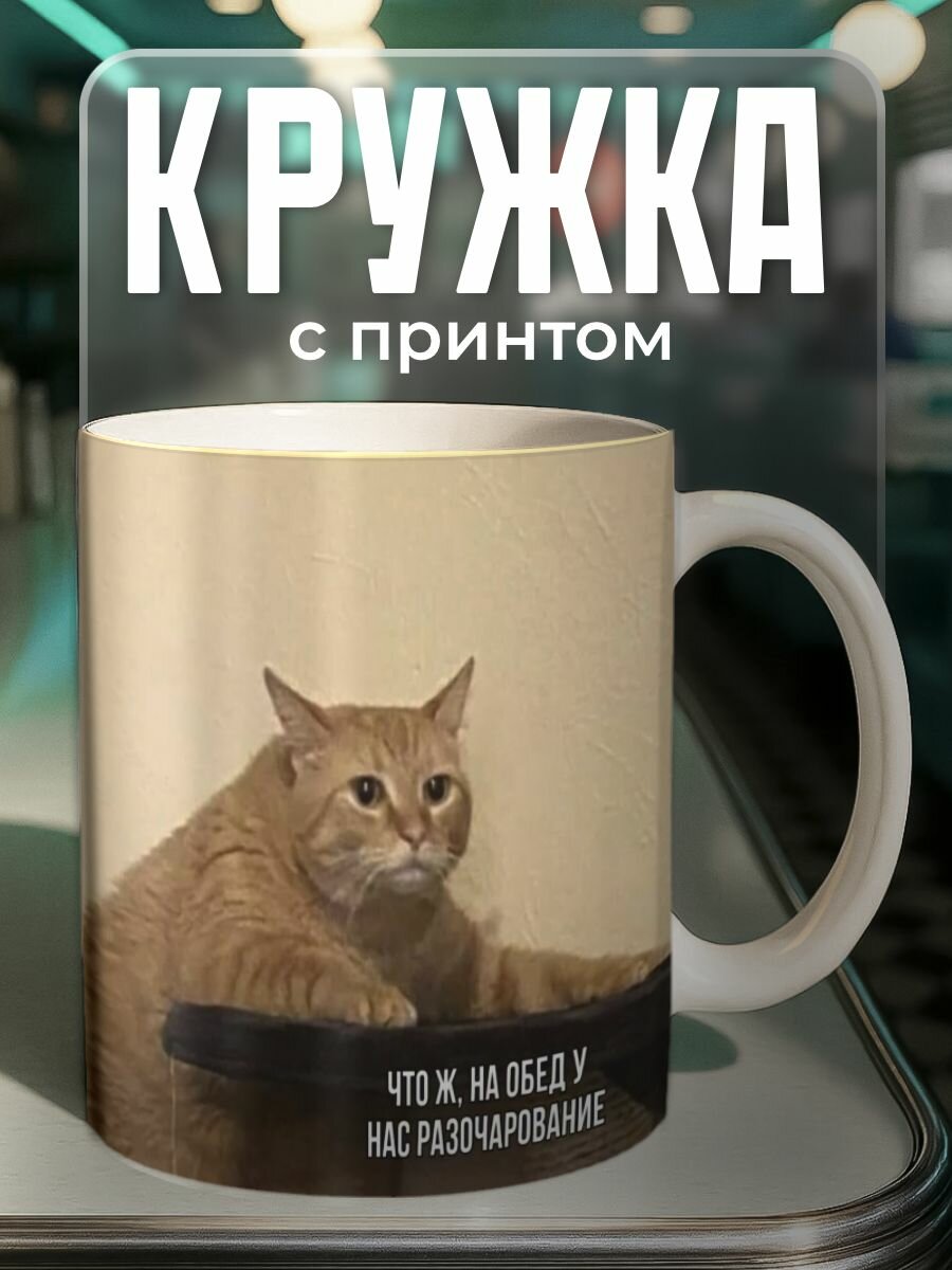 Кружка с принтом Мем котик, чтож на обед у нас разочарование