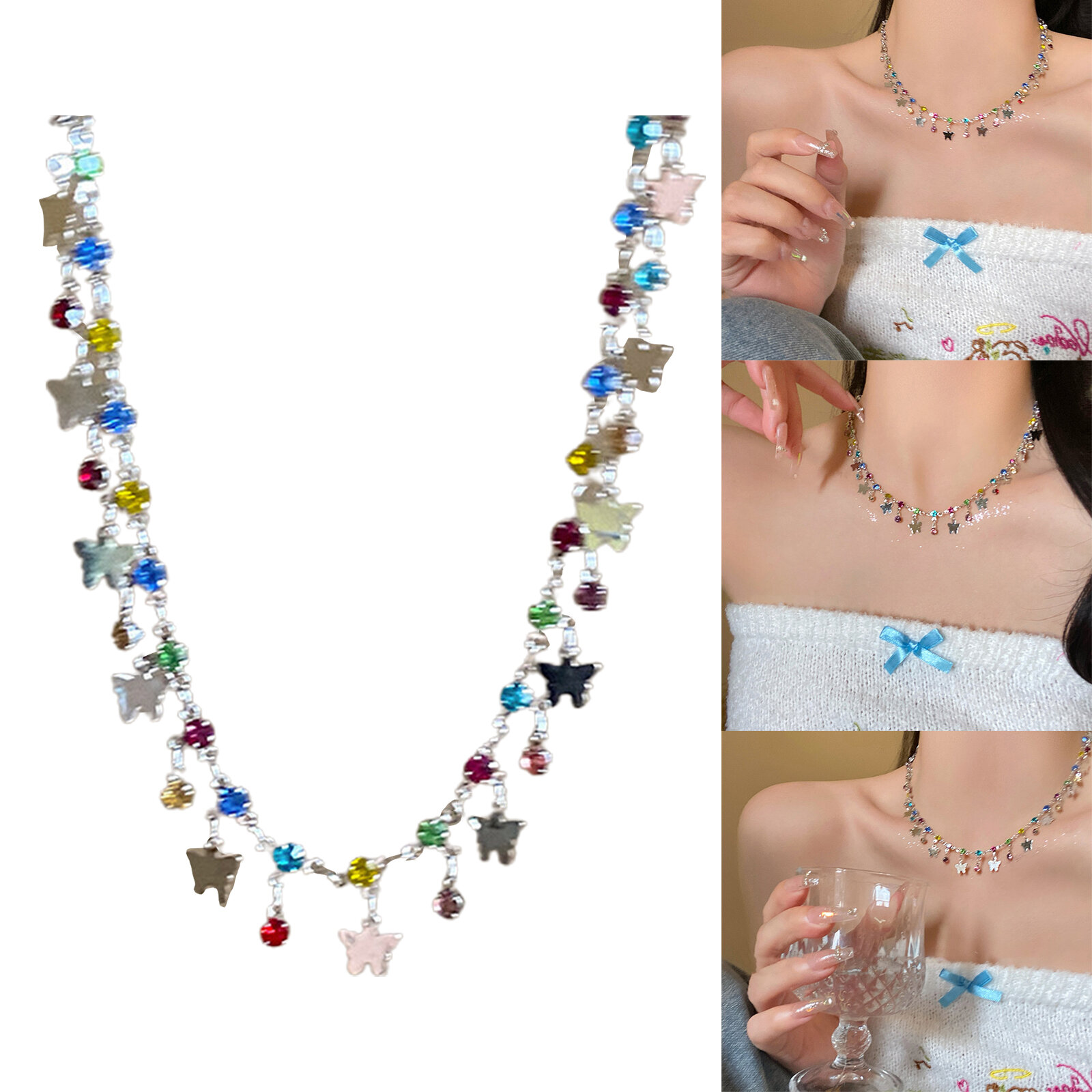 Ожерелье с бабочками и кисточками разноцветные цирконы чокер цепочка на ключицу модные украшения