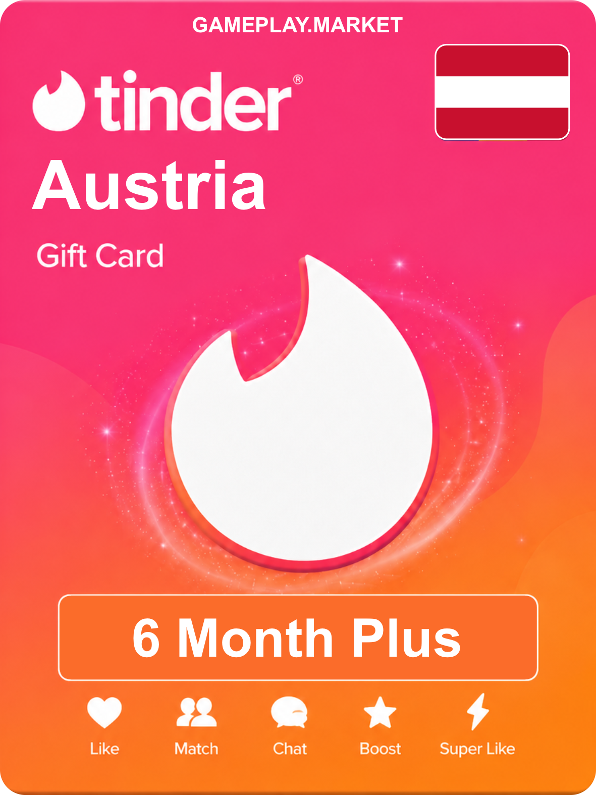 Подарочная карта Tinder Plus 6 месяцев подписки / Для аккаунта Австрии / Оригинальный цифровой код