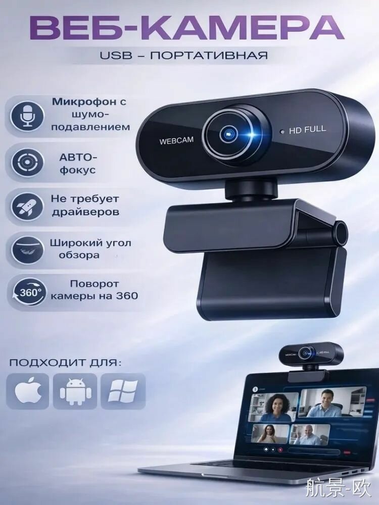 Универсальная USB веб-камера для мониторов и ноутбуков, фиксированный фокус, базовый аудиомодуль
