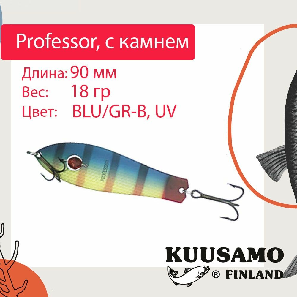 Блесна для рыбалки Kuusamo Professor 2, 90/18 с камнем, BLU/GR-B, UV (колеблющаяся)