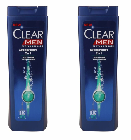 Шампунь для волос Clear, для мужчин, 2 в1, активспорт, 400 мл. 2 шт.