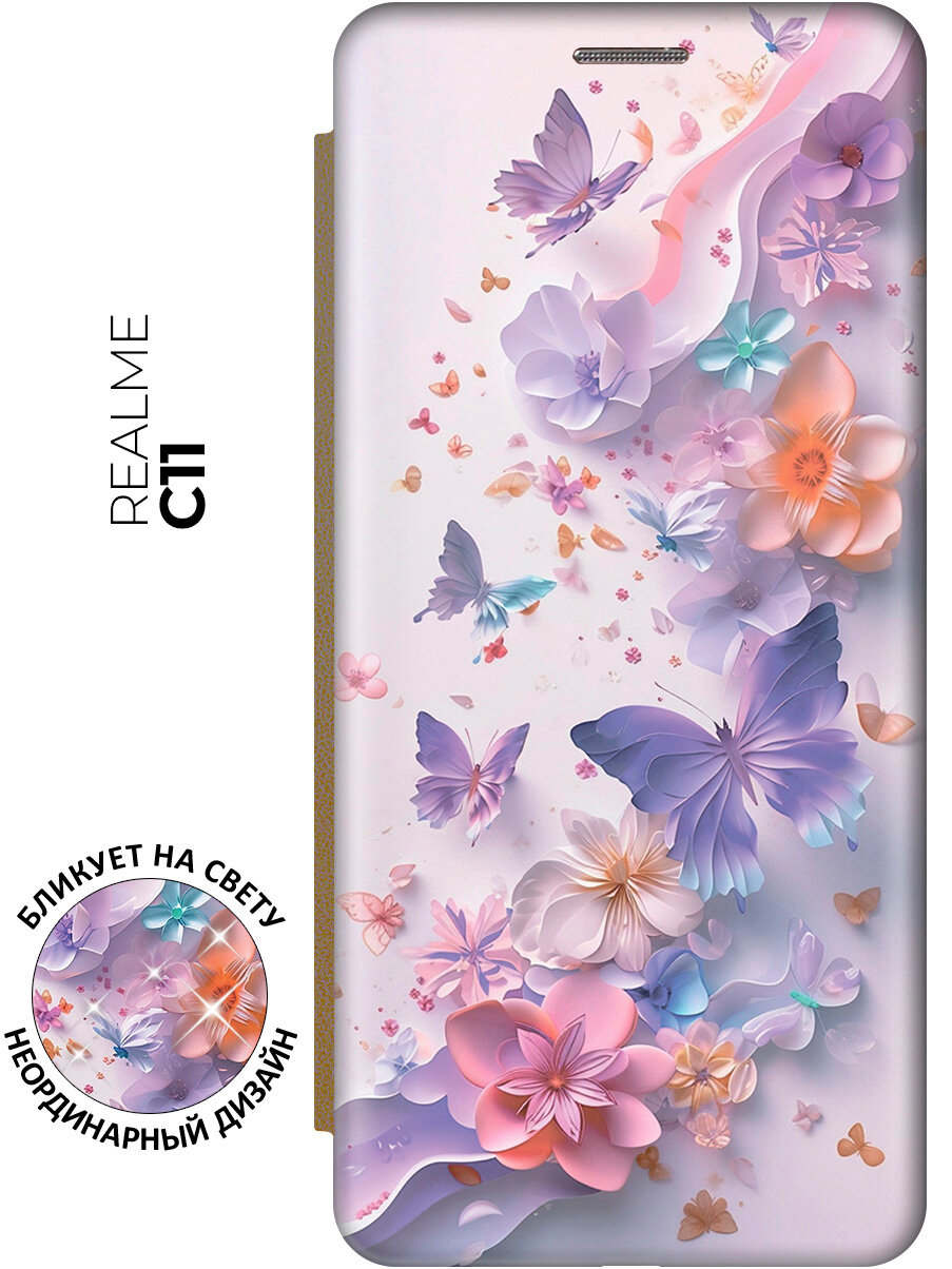 Чехол-книжка на realme C11 с принтом "Фиолетовые бабочки и бумажные цветы" золотой