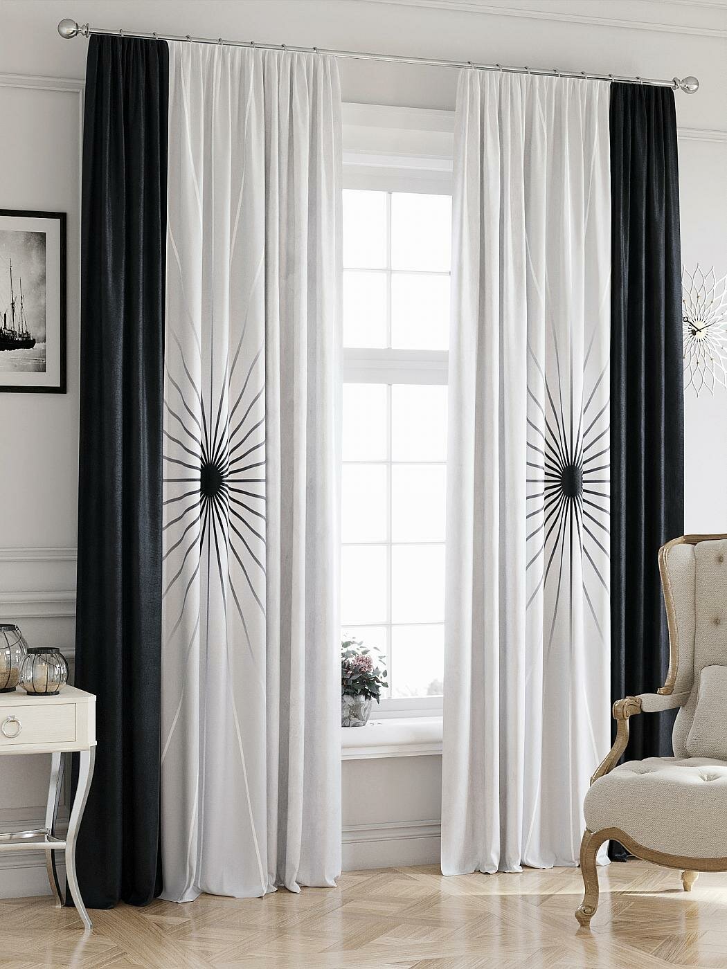 Комплекты штор AT HOME Римлонвис (черный) высота 270 см, ширина 150 см, крепление - шторная лента, Белый