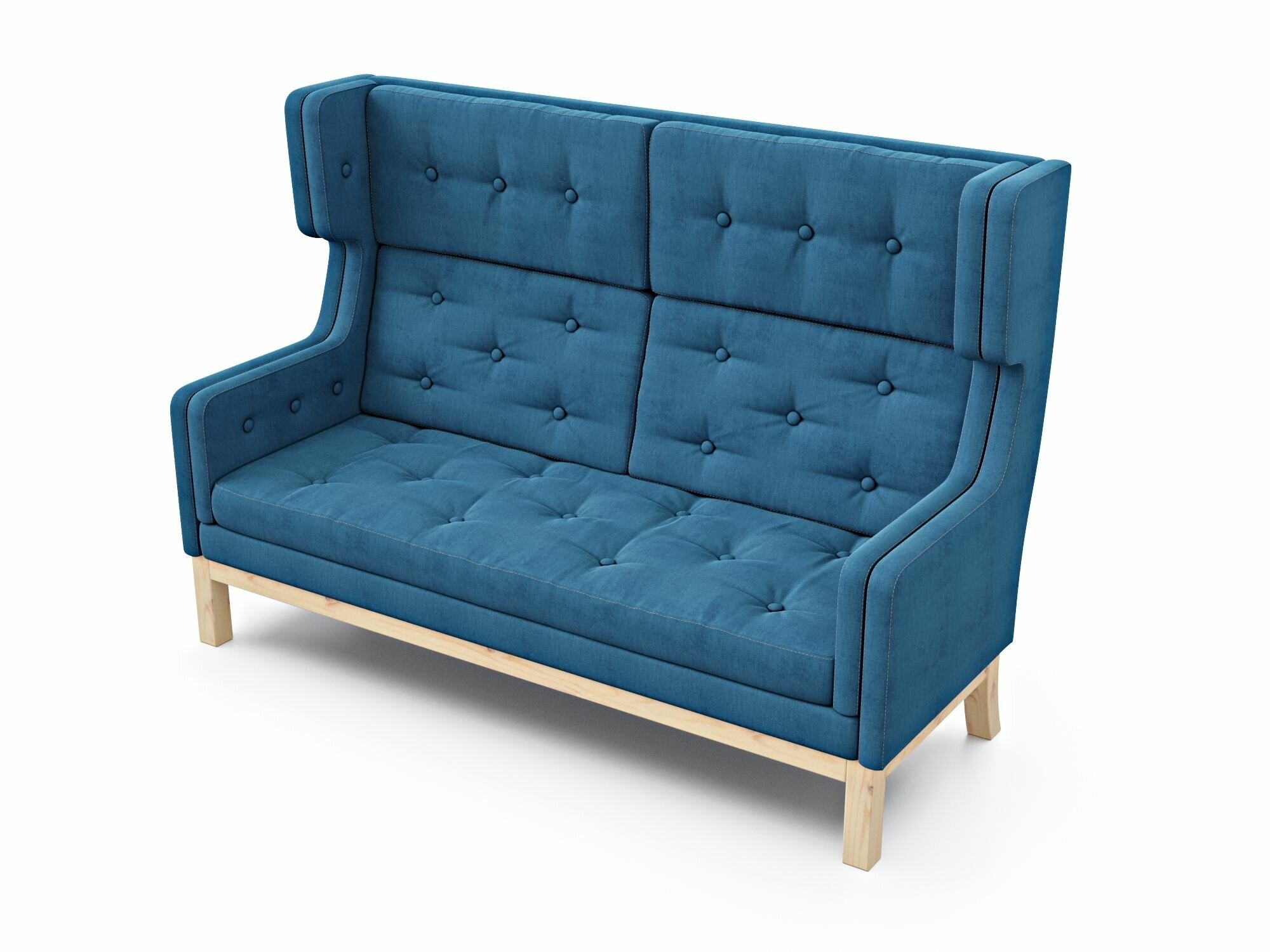 Прямой диван Arsko Айверс Хай, синий-сосна, велюр, трехместный, мягкий, в гостиную, в прихожую, на балкон, скандинавский лофт