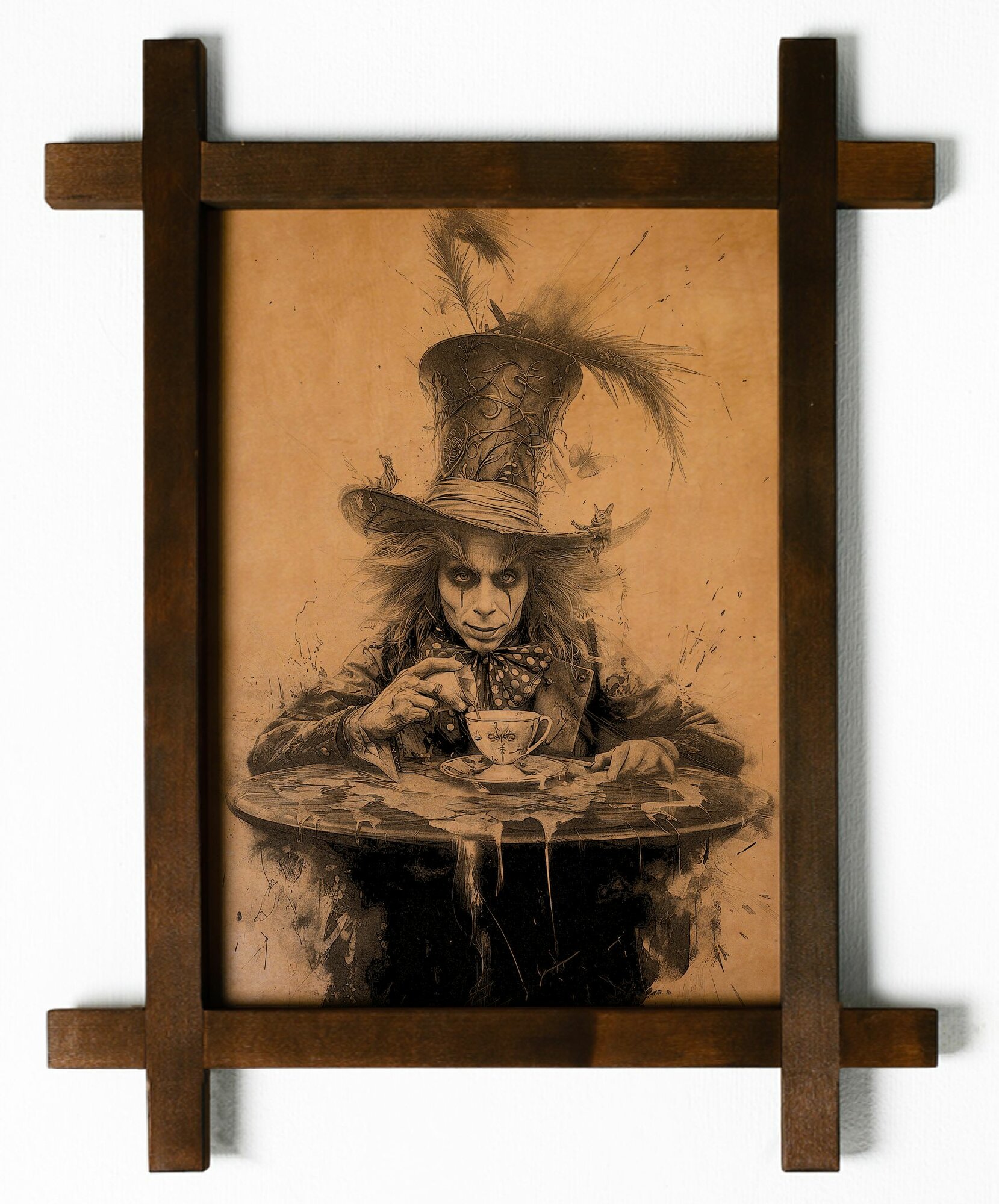 Картина интерьерная, натуральная кожа, "Безумный шляпник", в деревянной раме, BoomGift