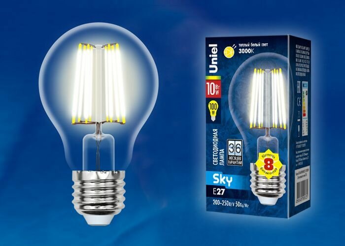 LED-A60-10W/WW/E27/CL PLS02WH Форма A , прозрачная. Серия Sky. Теплый белый свет (3000K). Картон. ТМ Uniel