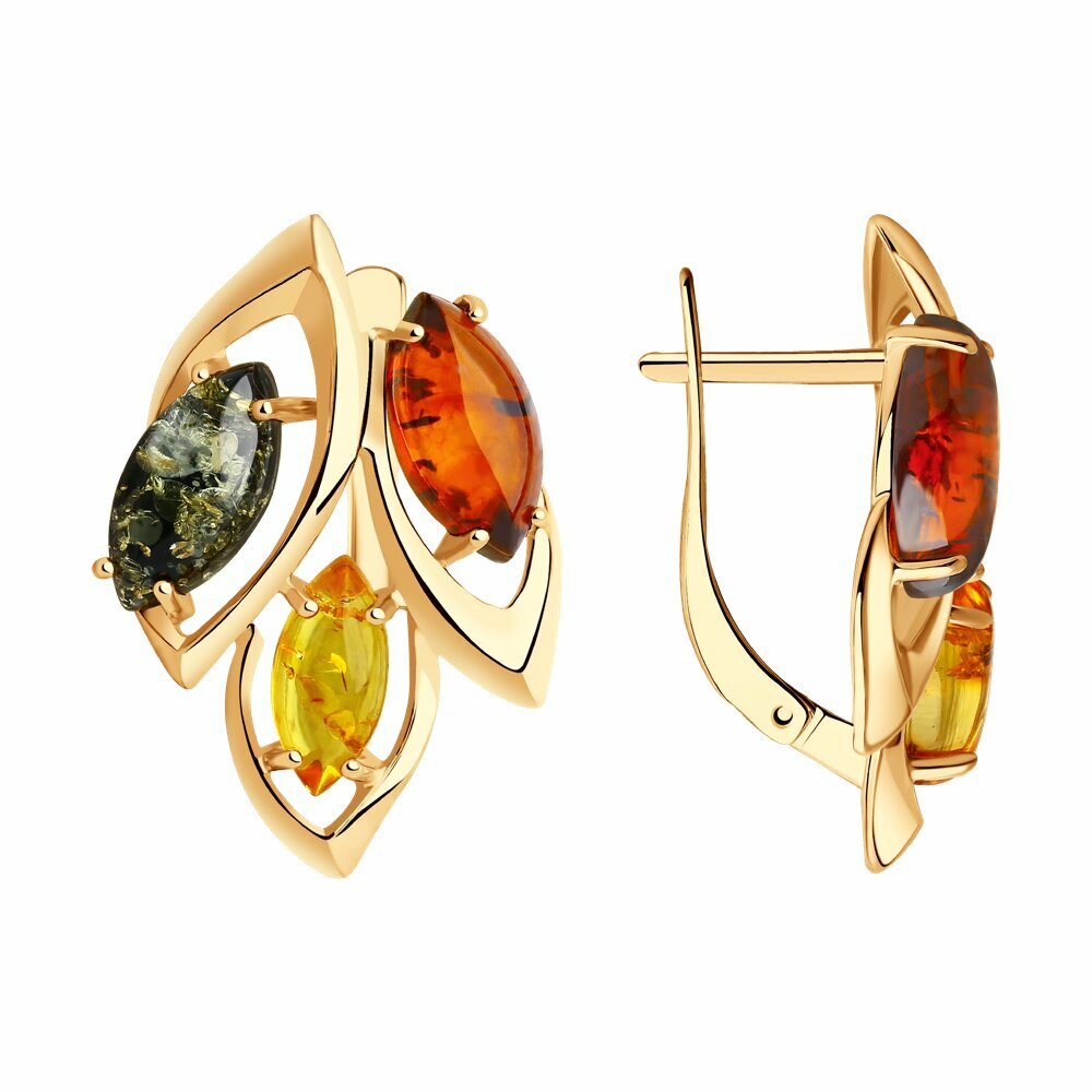 Серьги, серебро, 925 проба, золочение, янтарь