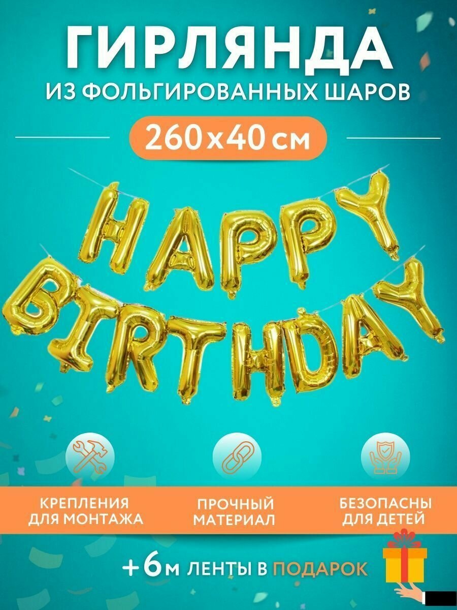 Надпись-гирлянда из воздушных шаров HAPPY BIRTHDAY в надутом виде для фотозоны - золотая 1шт