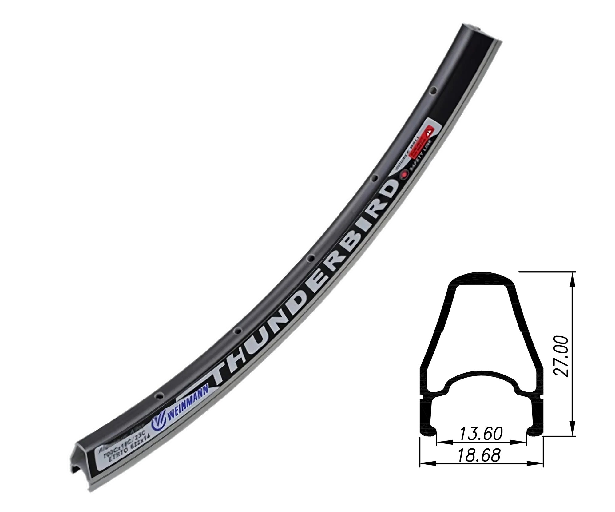 Обод 28" 28H AV Weinmann Thunderbird 700x18/23C, 14G, CNC 18.6x13.6x27, фрез, черный