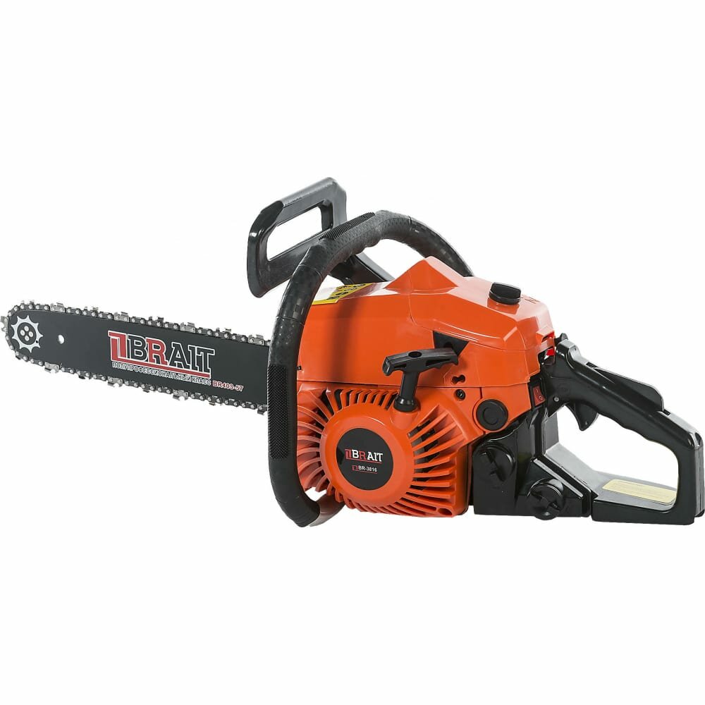 Бензопила BRAIT BR-3816: мощный 2-х тактный двигатель 1.5 кВт, длина шины 40 см, лёгкий запуск, виброзащита, 57 звеньев