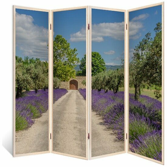 Ширма перегородка Декор Депо для комнаты деревянная "Дорога лаванды" двухсторонняя с картинкой (природа) 4 створки кремовый дуб 176х185 см 14 кг