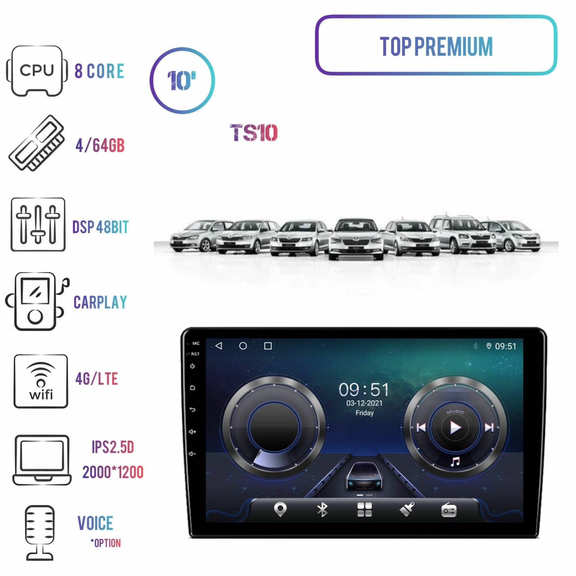 Магнитола 10* TS10 Андройд 8core/4+64Gb/CarPlay/4GSIM/DSP48bit/IPS2.5D 2000*1200 подходит под рамку 10* + голосовое управление