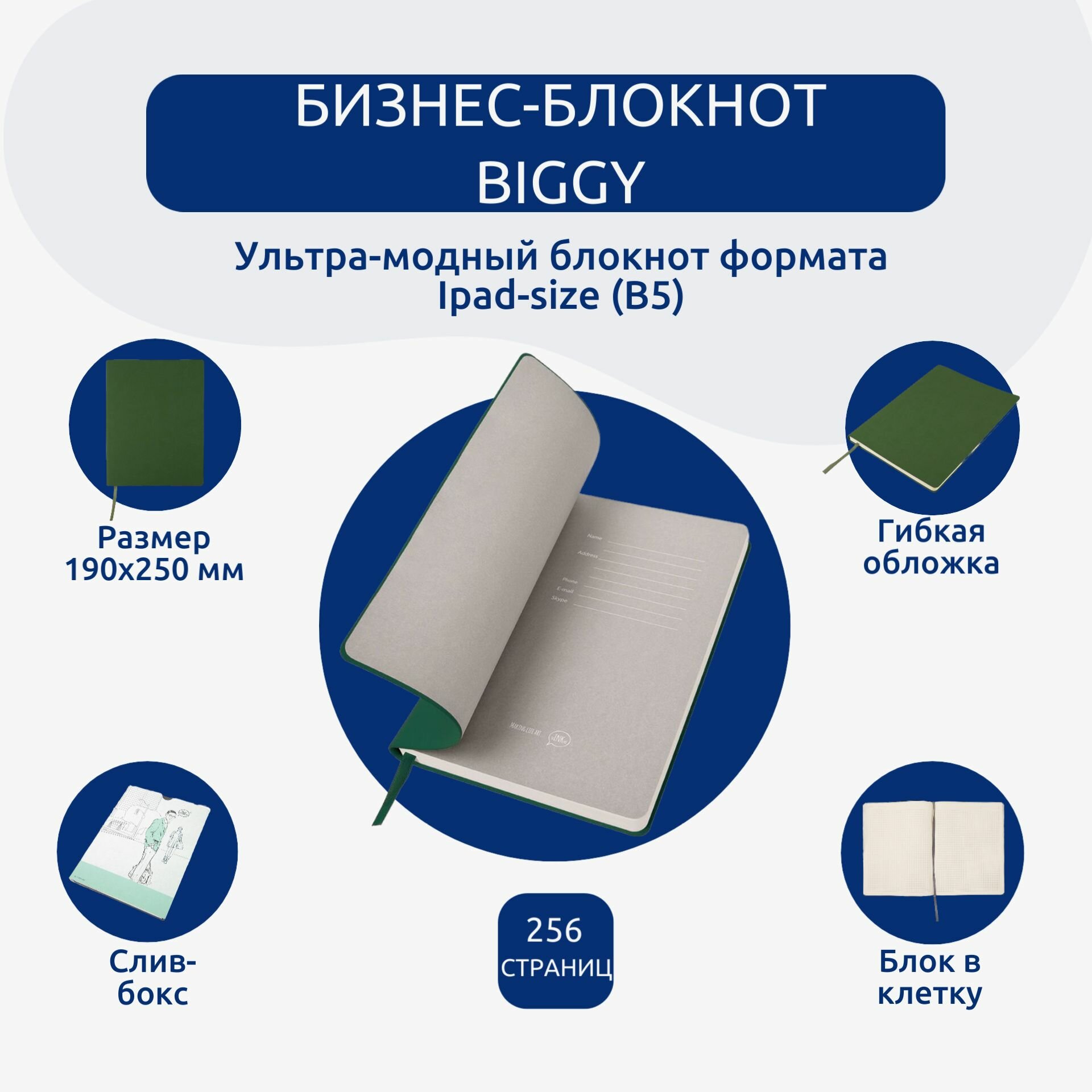 Бизнес-блокнот "Biggy", B5 формат, зеленый, серый форзац, мягкая обложка, в клетку