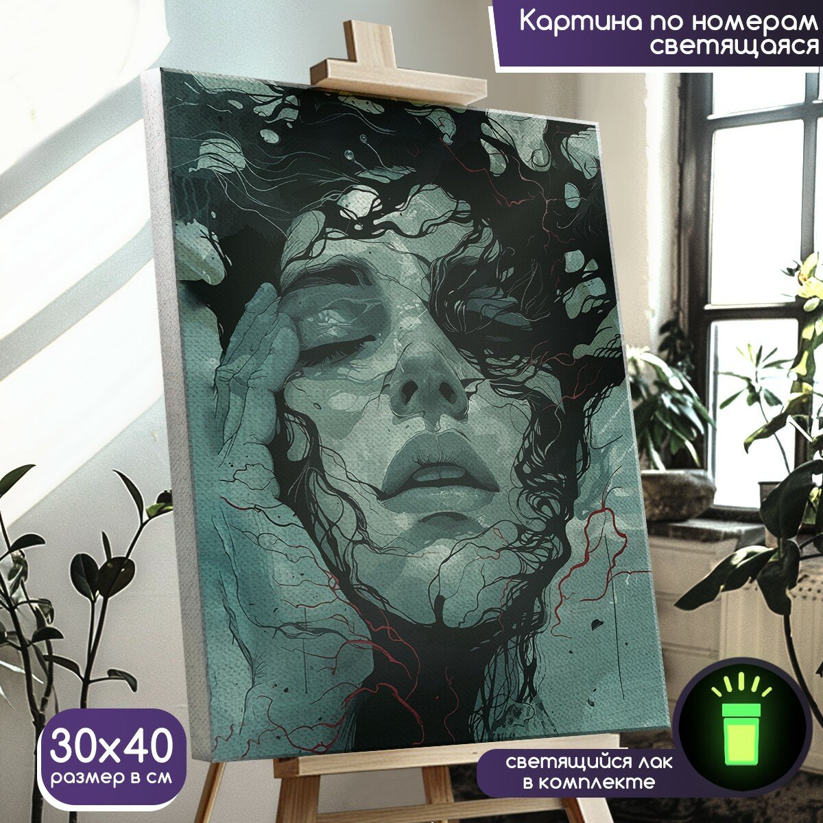 Картина по номерам светящаяся 30x40: меланхолия (портрет, руки, лицо) - 1576 В