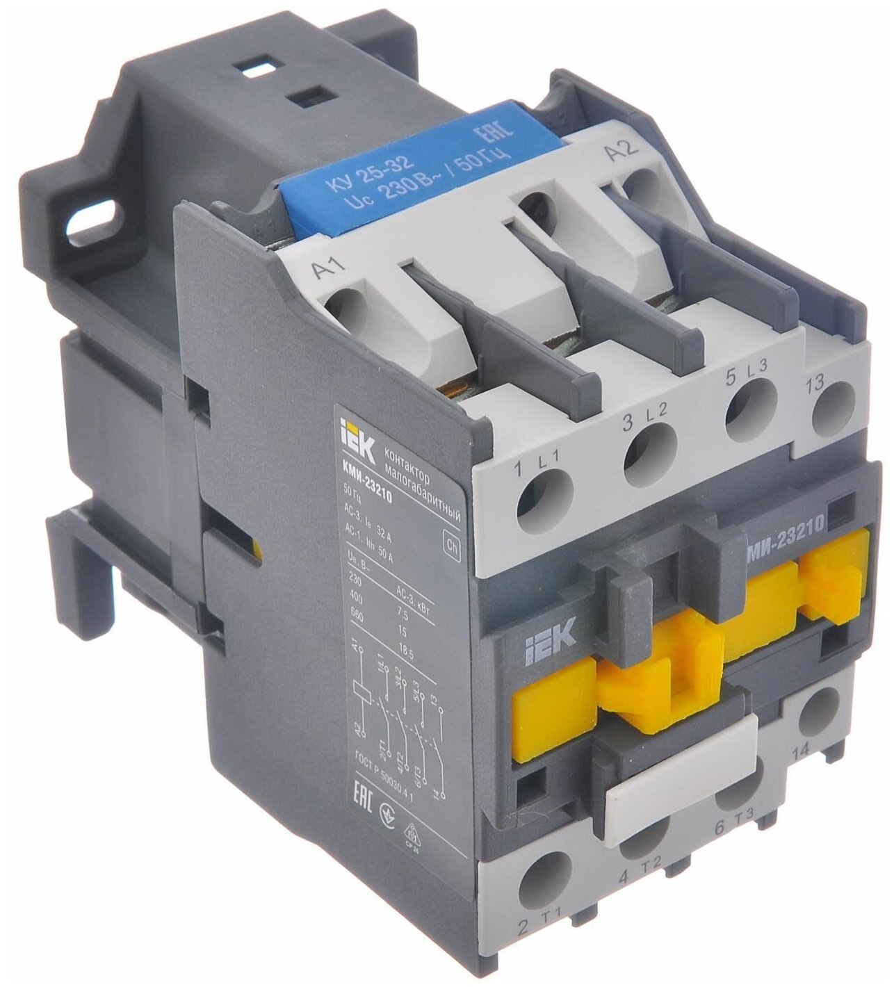 Контактор IEK КМИ-23210, 32A, 230V/AC3, IP20, монтаж на DIN-рейку