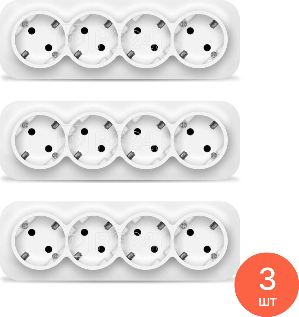 Розетка силовая штепсельная UNIVersal / Юниверсал Ionich белая, 4-местная с заземляющими контактами, открытая установка 1447 / электрооборудование (комплект из 3 шт)