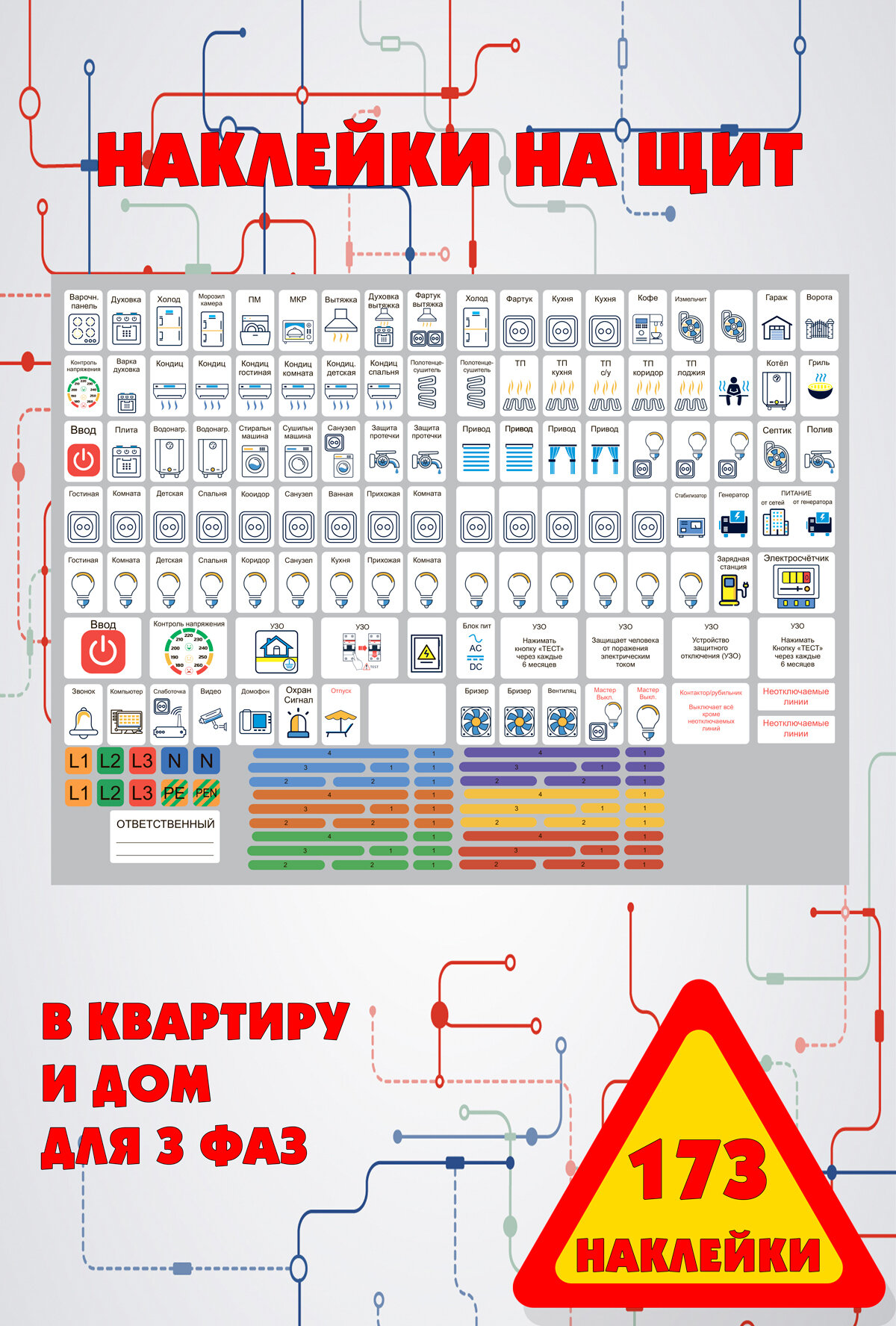 Набор наклеек на электрический щит под каждый автомат в квартиру и дом для 3 фаз (173 наклейки)