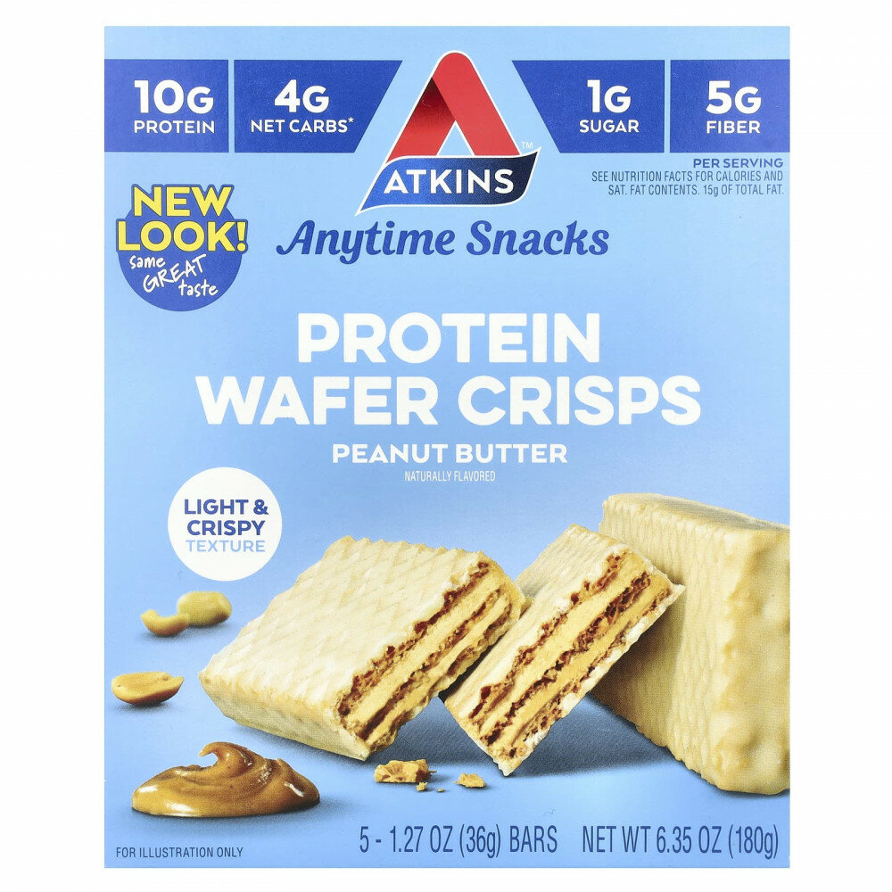 Atkins, Anytime Snacks, протеиновые вафли, с арахисовой пастой, 5 шт. по 36 г (1,27 унции)