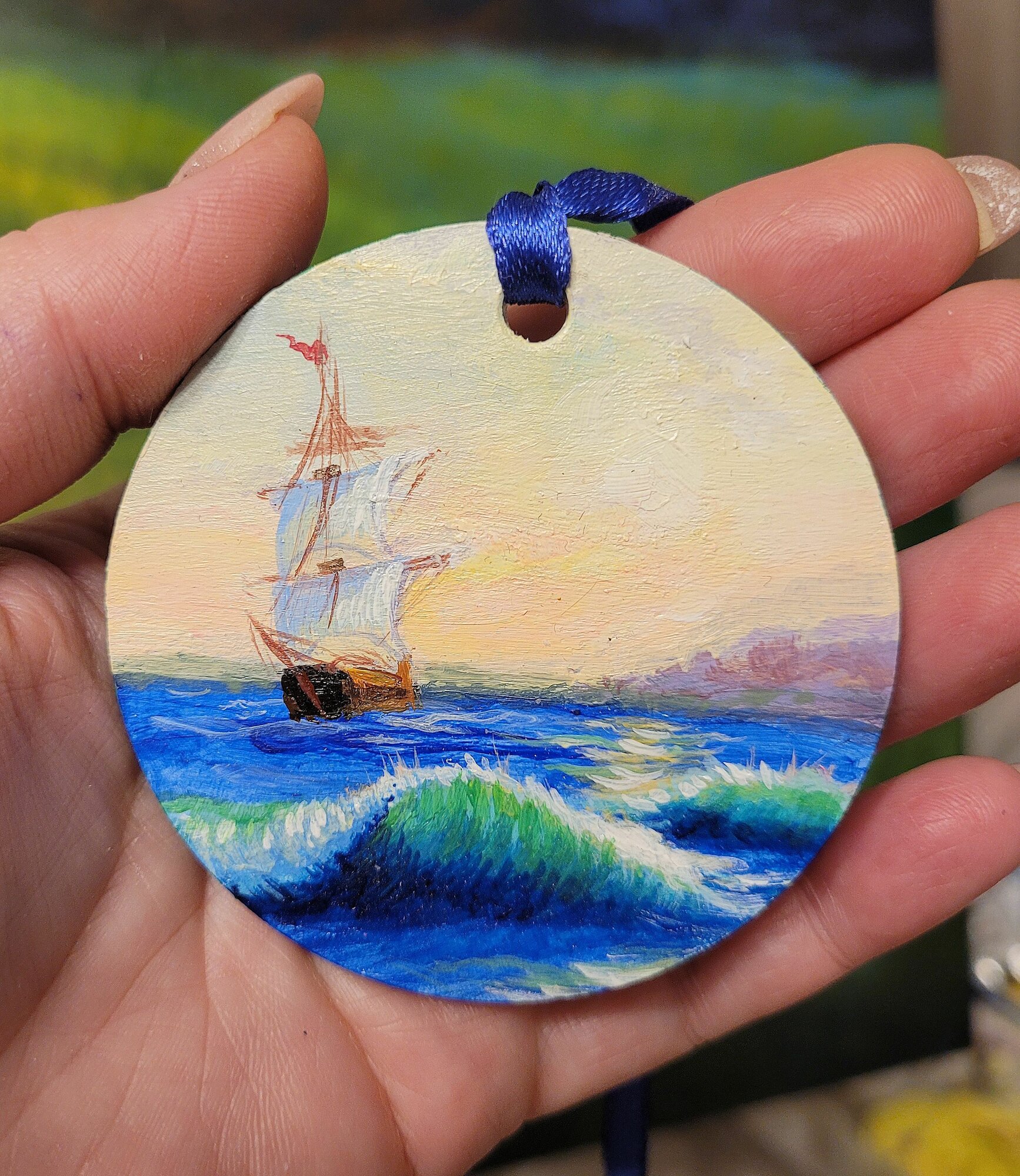 Подвеска картина "Кораблик в море" реализм, миниатюра, пейзаж,
