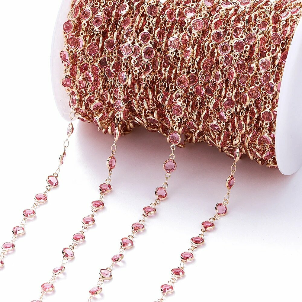 Золотая цепочка из хрустальных бусин YouYoungDifferent 1 метр Розовый, Pink-KC gold