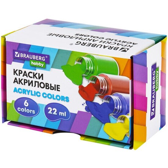 Краски акриловые Brauberg Hobby художественные 6 цветов в банках по 22 мл, , 192409