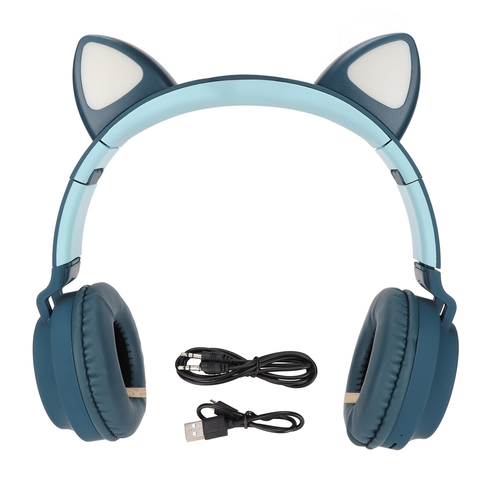 Игровые наушники с кошачьими ушами, глубокий бас, LEDподсветка, складные, мягкие амбушюры, синезелен