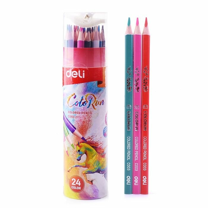 Карандаши цветные Deli 24 цвета, ColoRun, трехгранные, тополь, картонный тубус (EC00327)