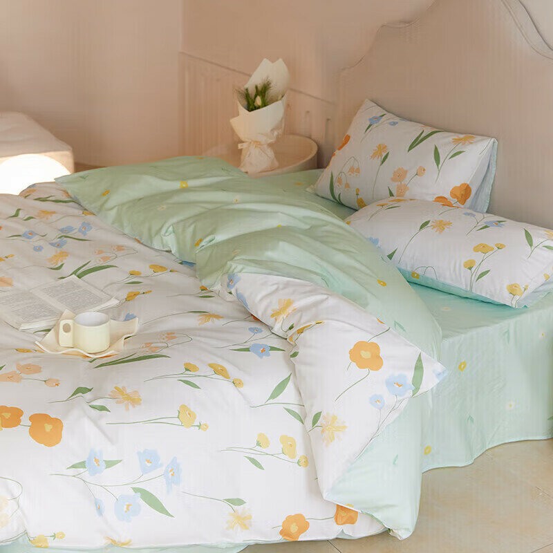 Dohia Full Cotton Four-piece Set Skin-friendly Set Double Bed Sheet Quilt Cover Bedding 1.5 Bed 203*229cm