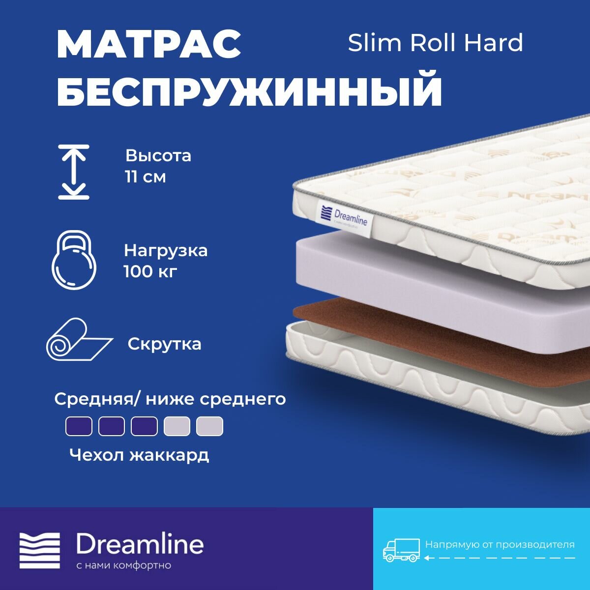 Матрас Dreamline Slim Roll Hard 80х200, высота 11 см, анатомический средней жесткости Беспружинный