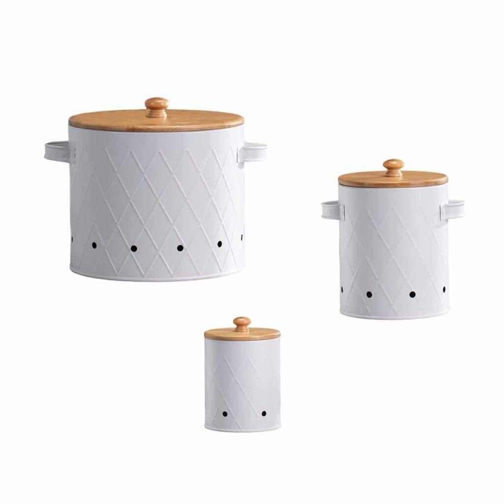 Ящик для хранения, Круглая коробка для хранения овощей с бамбуковой крышкой - белый набор с ручкой, 1 набор из 3 штук