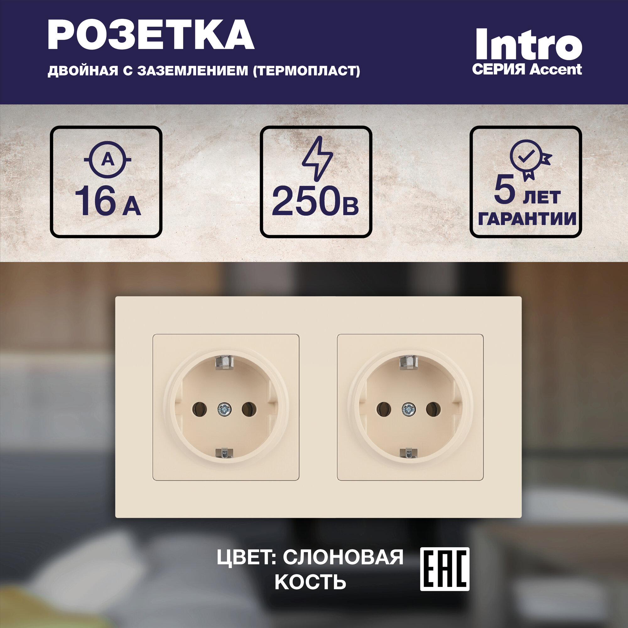 Двойная розетка с заземлением Intro Accent 6М-222-02 слоновая кость