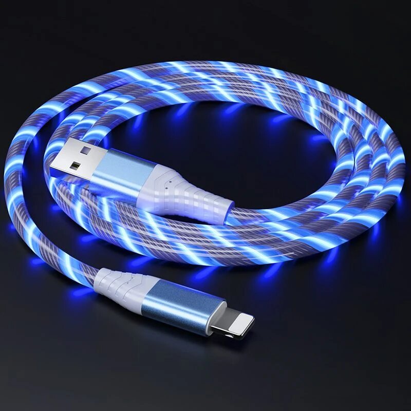 Шнур для быстрой зарядки передачи данных, светящийся кабель USB типа C, 5 А, кабель для быстрой зарядки, светящийся светодиодный кабель для IPhone 7, 8, 11, 12, 13, 14, 15, 16 1m For iPhone, Blue